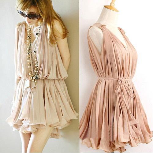 Pleated Chiffon V Collar Pink Vest Skirt Hjgf on Luulla